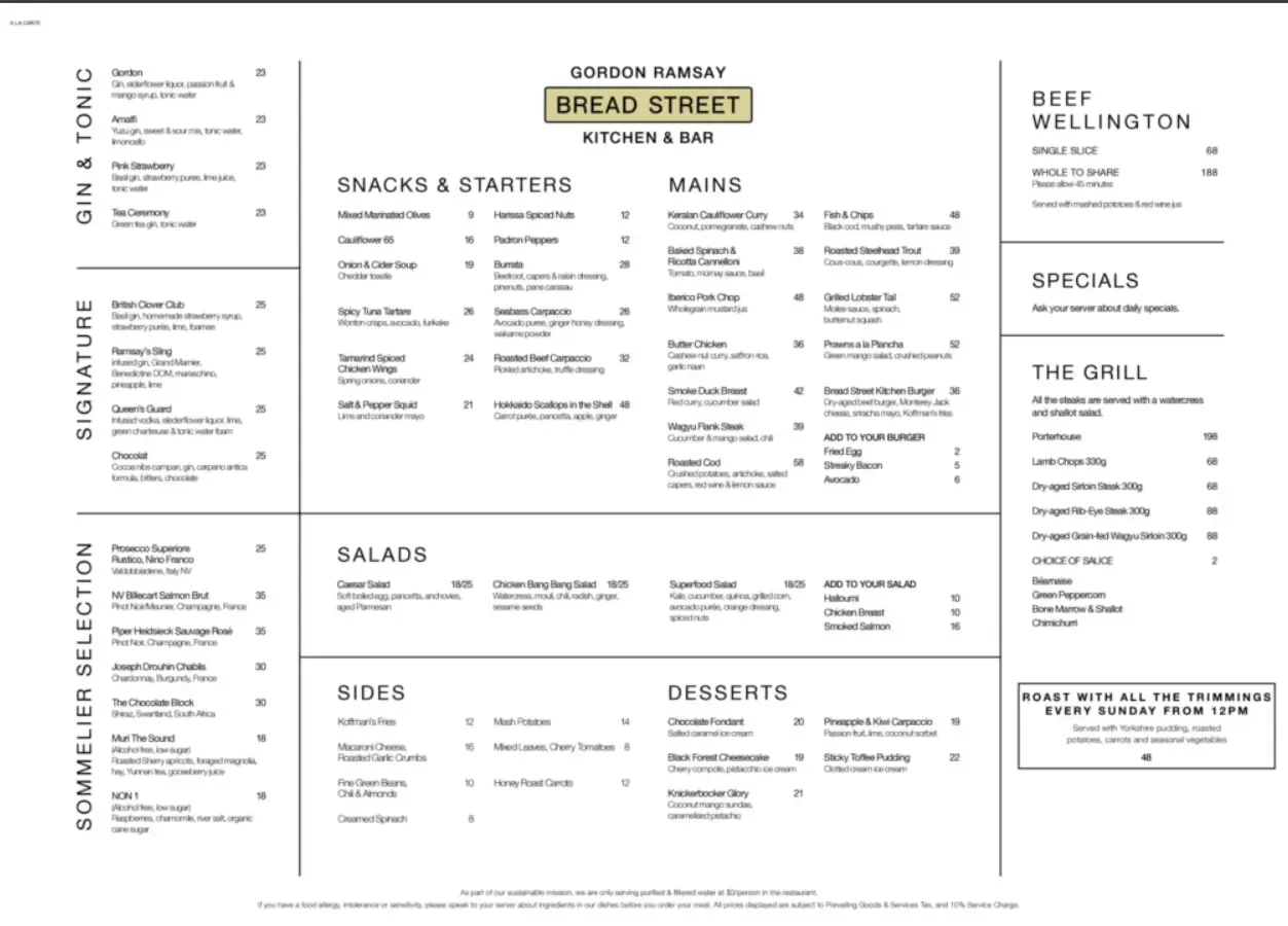 Bread Street Kitchen Menu Singapore Prices 2025